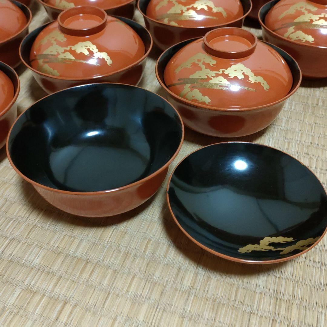 明治期 光琳松 金蒔絵 吸物椀 20客揃 共箱 洗朱 内黒 木製漆器 料亭 懐石
