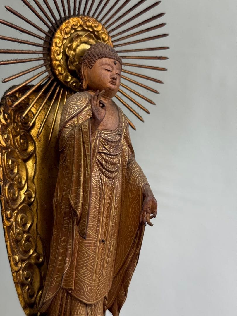 T 仏教美術 木彫金彩手仏像 阿弥陀如来立像 高さ34㎝ 浄土宗 浄土真宗