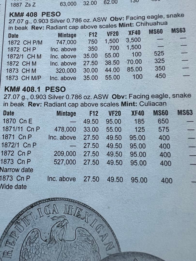 外国銀貨　メキシコ1P銀貨　1873年C H