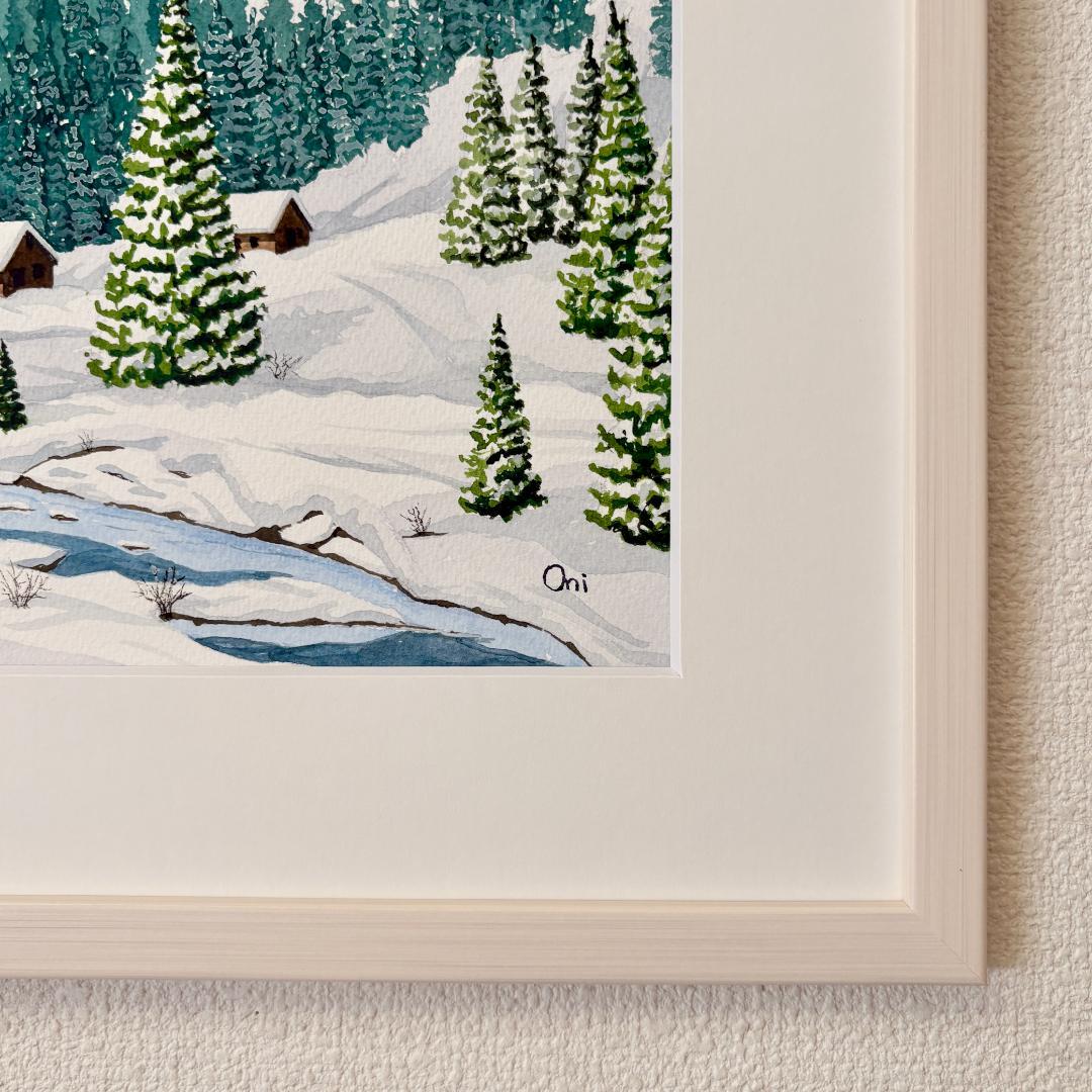 透明水彩画　原画　「雪景色01」額縁付　F4サイズ　風景画