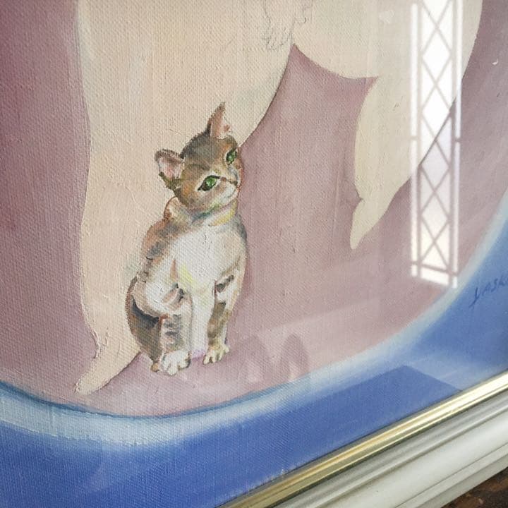 長嶺ヤス子　猫 油絵　額付　美品