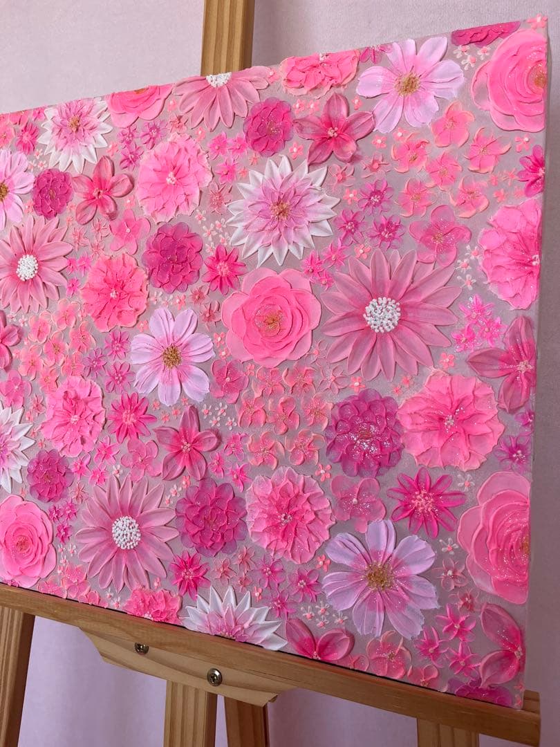 テクスチャーアート 花の絵 花柄 ボタニカルアート 絵画 ピンクの花柄
