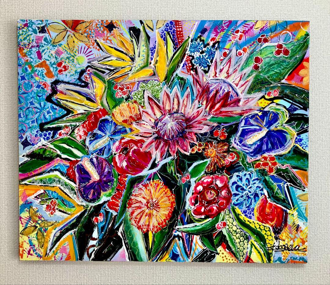 原画　花　額付き　花の絵　静物画　絵画　アクリル画　現代アート　手描き　一点物