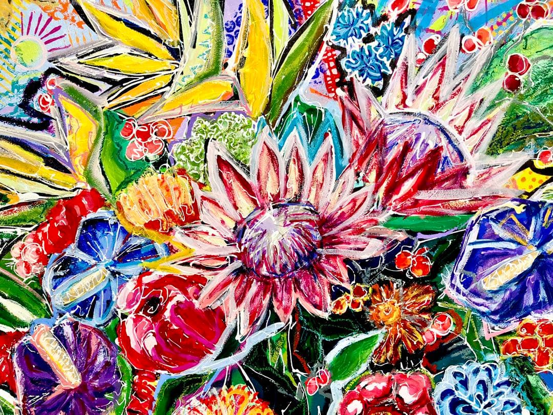 原画　花　額付き　花の絵　静物画　絵画　アクリル画　現代アート　手描き　一点物
