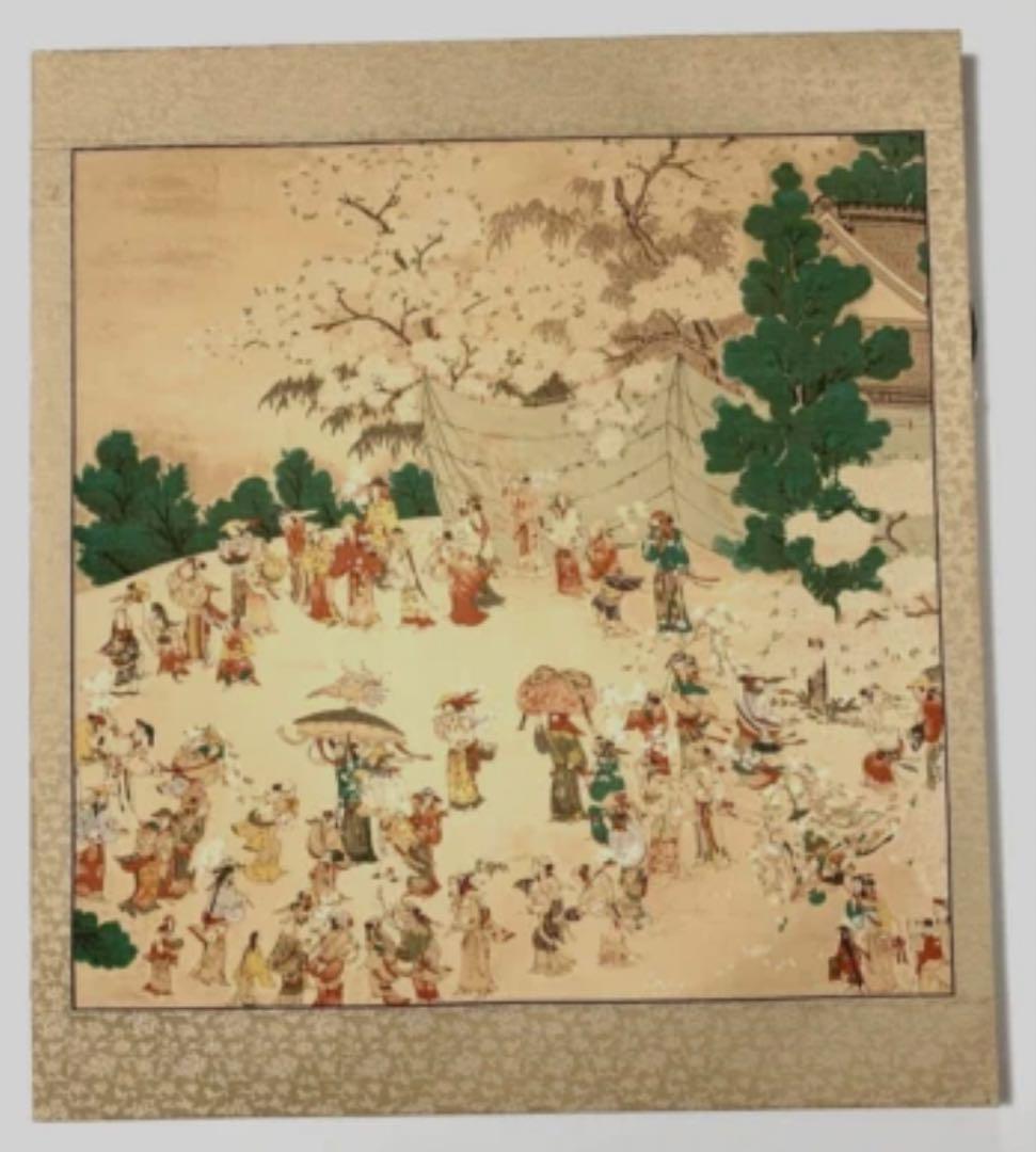 【額装美術品】桜花見図 日本画風額装 アンティーク 和風絵画 50x45 r