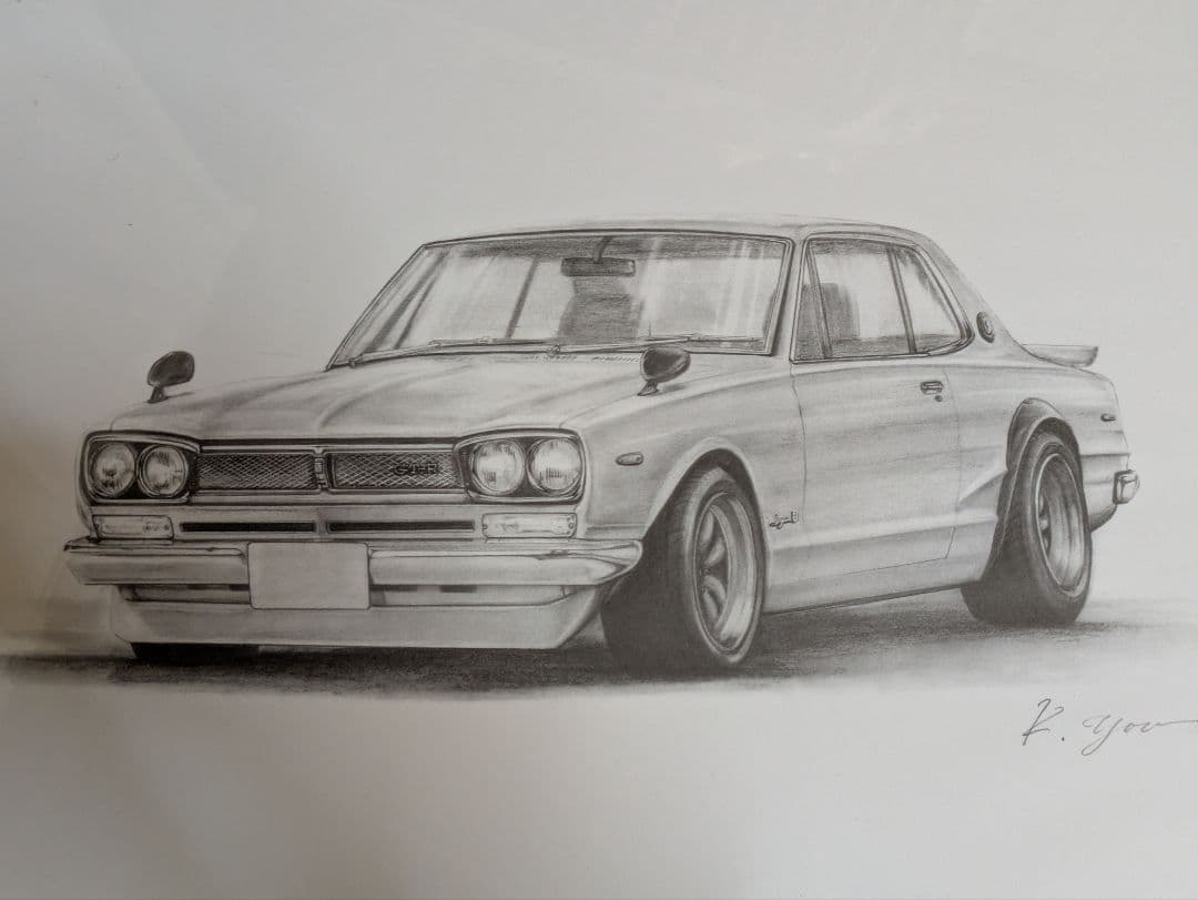 車の鉛筆画 木製フレーム付き