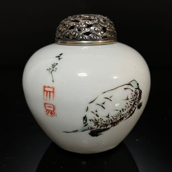 超絶優品 谷文晁 酒井抱一 合作 彩色亀図 青松堂造 純銀鶴彫火屋 香炉 茶道具