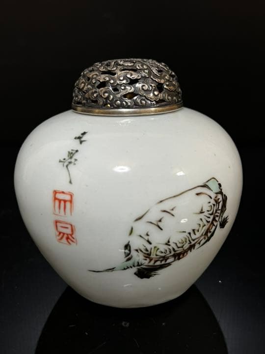 超絶優品 谷文晁 酒井抱一 合作 彩色亀図 青松堂造 純銀鶴彫火屋 香炉 茶道具