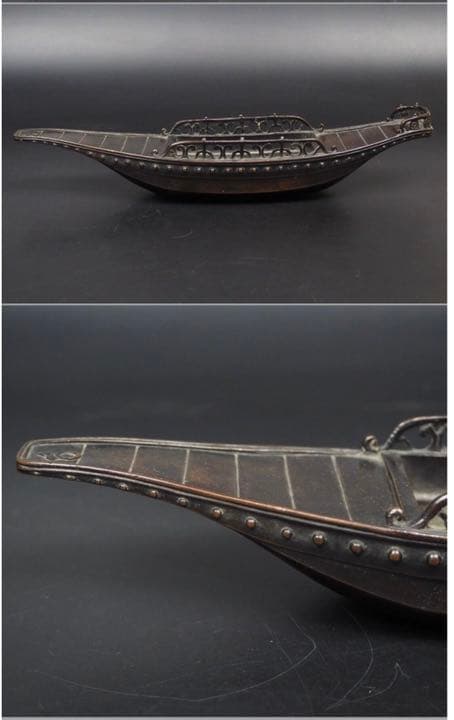 送料無料　大珍品　古銅造舟形筆洗/水盤『和寧堂製』款　長さ約29ｃｍ