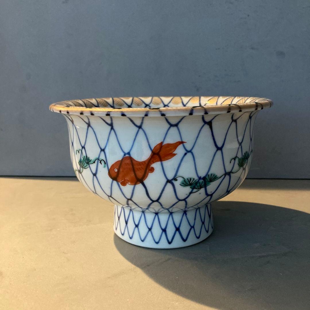 【貴重】古伊万里　染付色絵鉢　網目　金魚　金彩　茶碗　陶器　骨董品　江戸後期