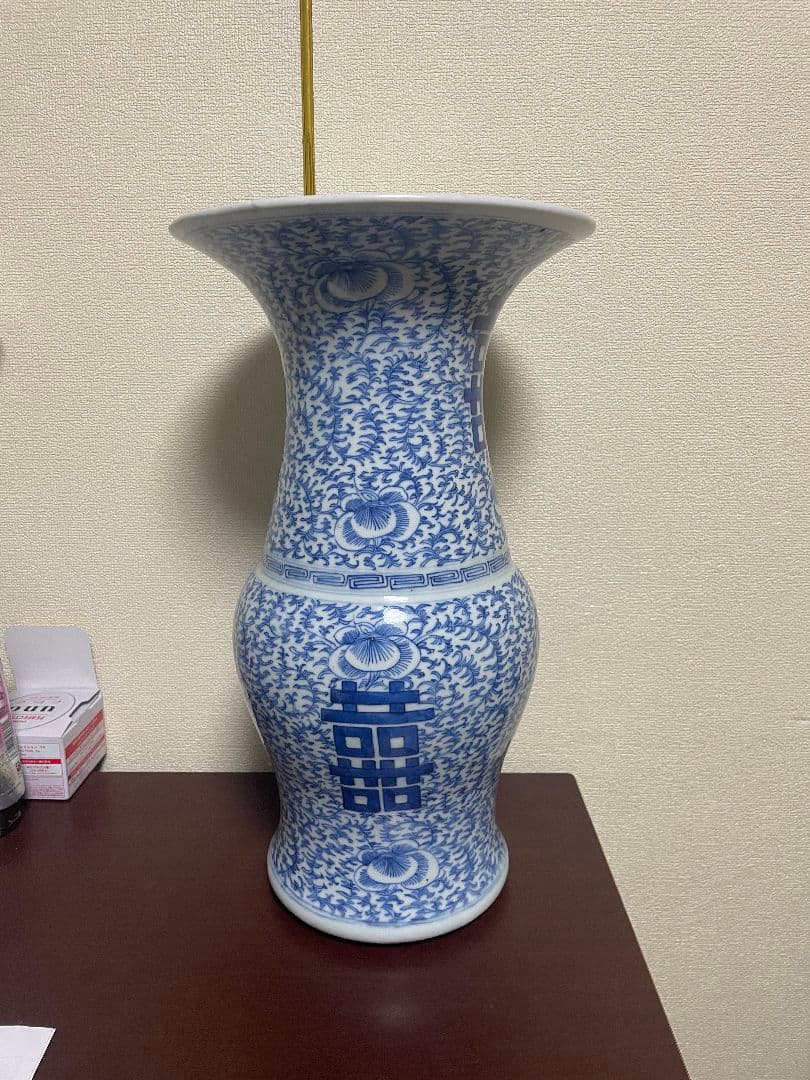 中国骨董品 青花 成化 唐物青と白の花柄陶器花瓶 高さ40cm口径22.5cm