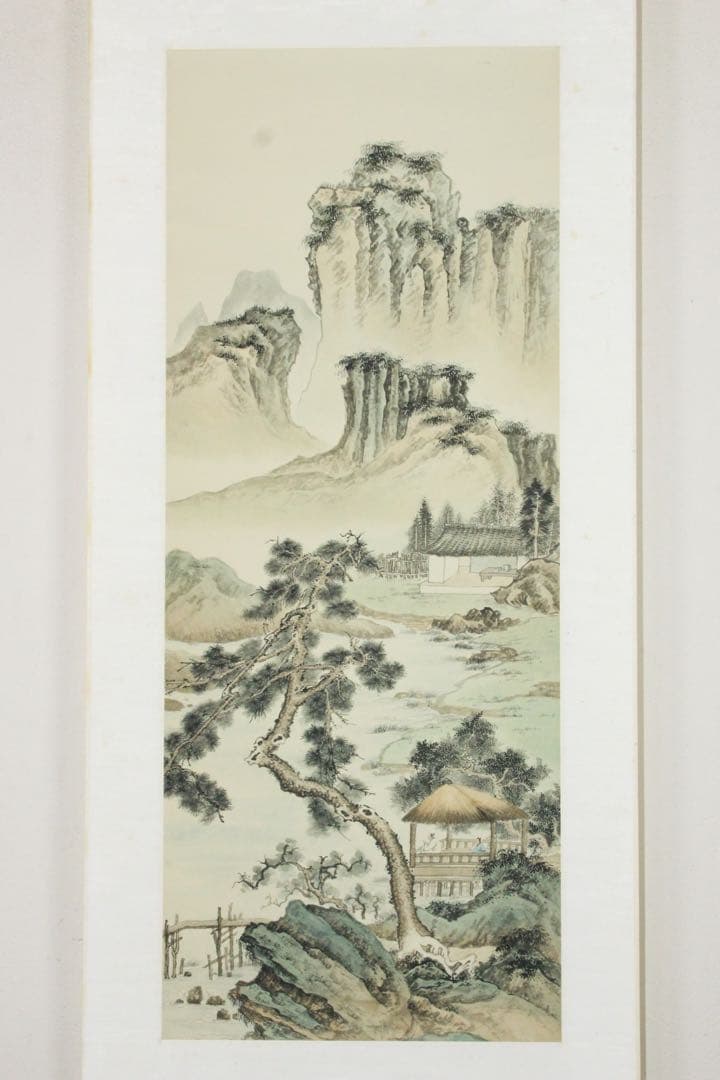 No5570掛軸　無落款　山水図　紙本着色　唐画　中国画　古画　古美術　送料無料