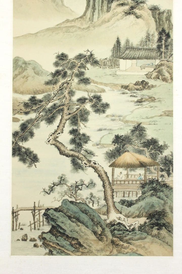 No5570掛軸　無落款　山水図　紙本着色　唐画　中国画　古画　古美術　送料無料