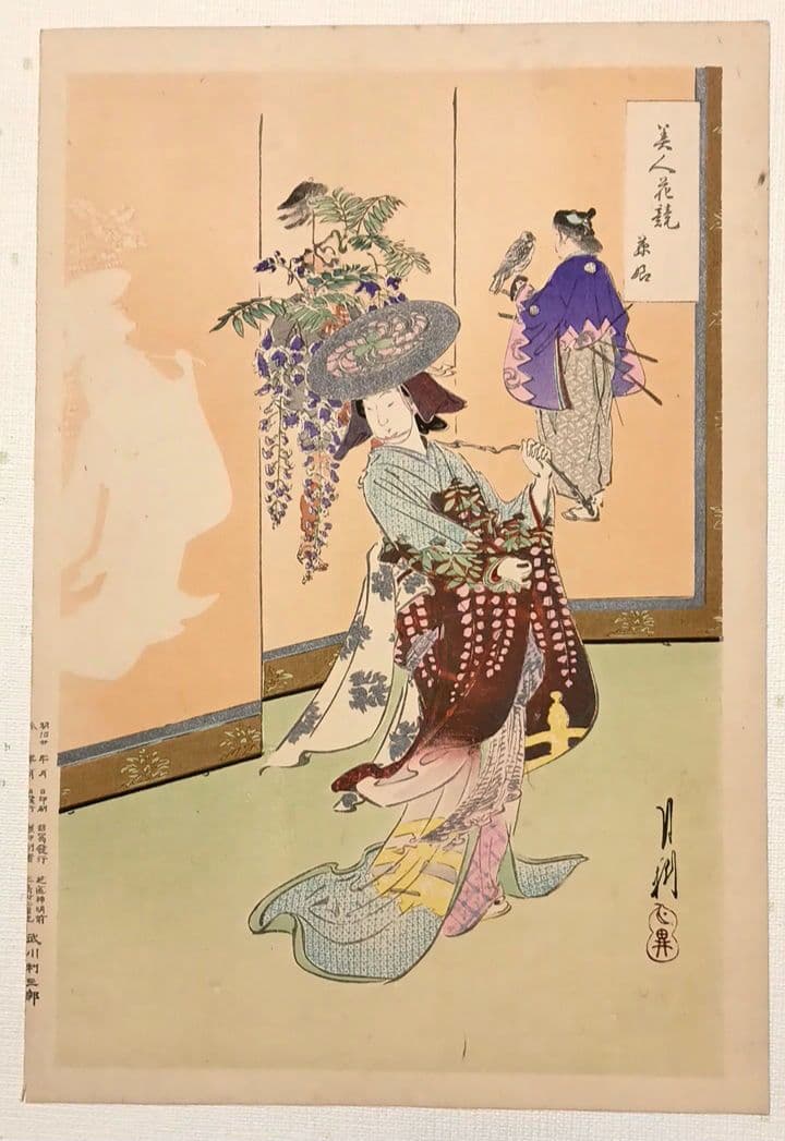 浮世絵版画、美人花競（全24枚揃い目録付き画帖崩れ) 尾形月耕画明治20年代出版