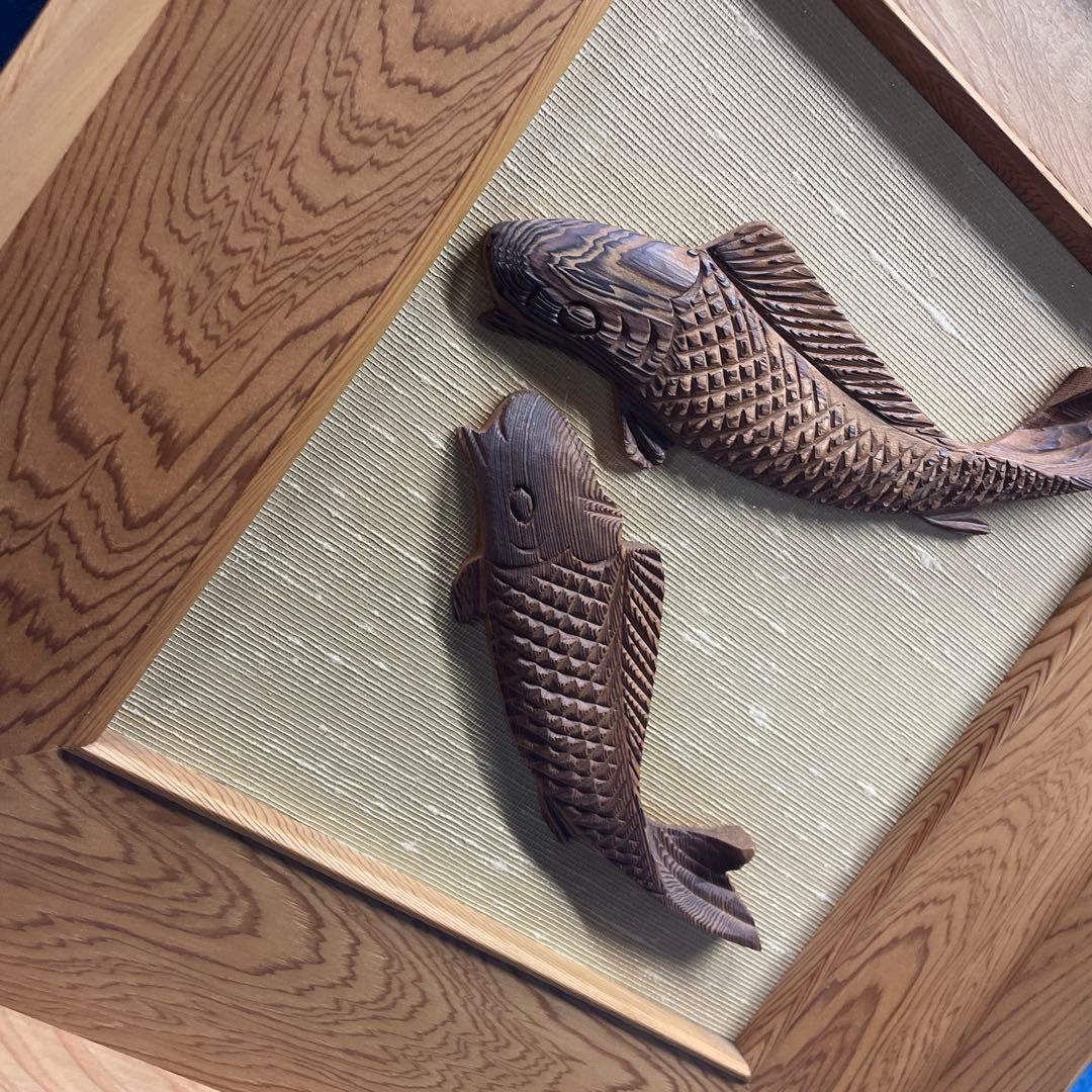 木製魚彫刻アートパネル　屋久杉