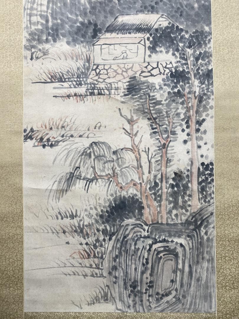岡田米山人 溪谷幽居図 江戸時代中期 南画家 中国画 山水図 大阪 掛軸ZK02