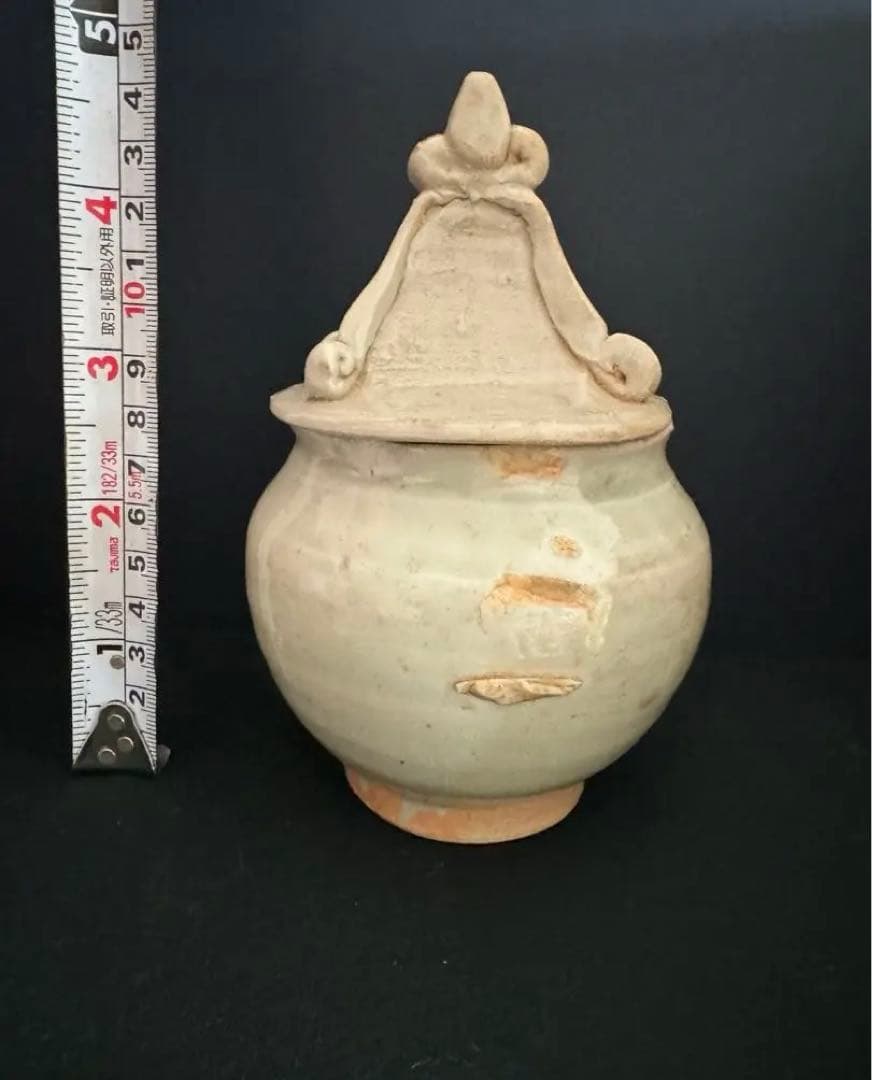 中国骨董　漢　青磁神亭小壺　蓋付き　茶入　茶壺　唐物　収蔵品　古美術(N-10)