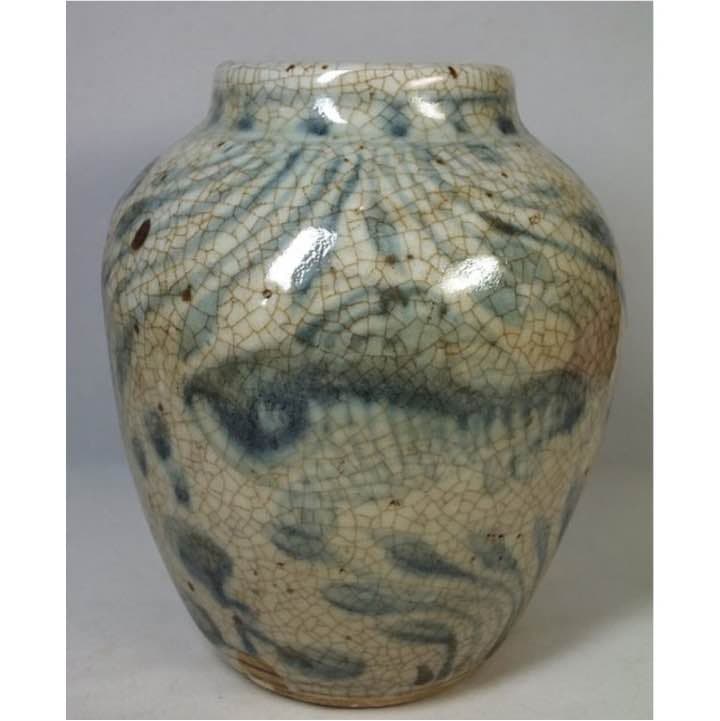 【中古美品】中国骨董品「染付鮭魚広口壺」