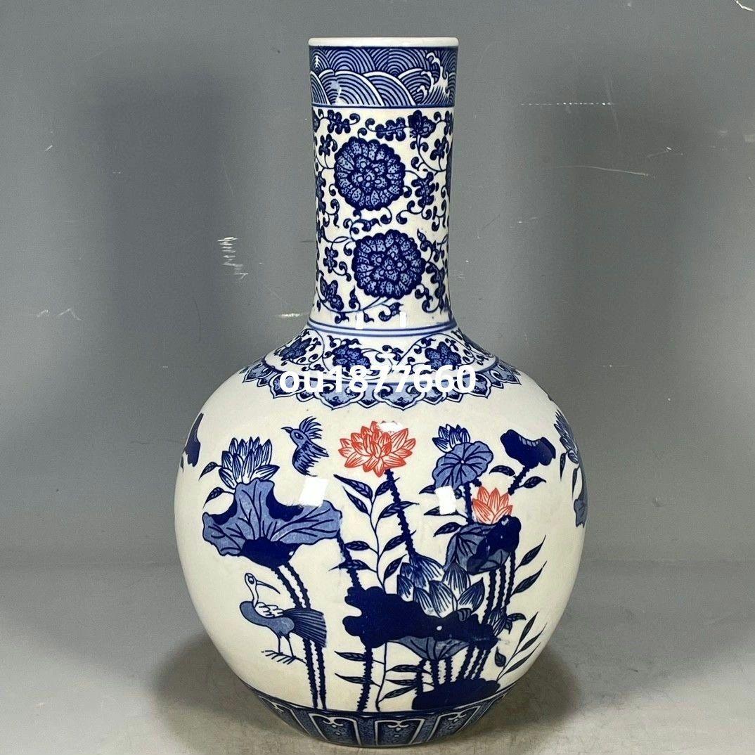 青釉に紅荷模様天球瓶 景徳鎮 陶磁器 装飾品 現代工芸品 美術品 置物