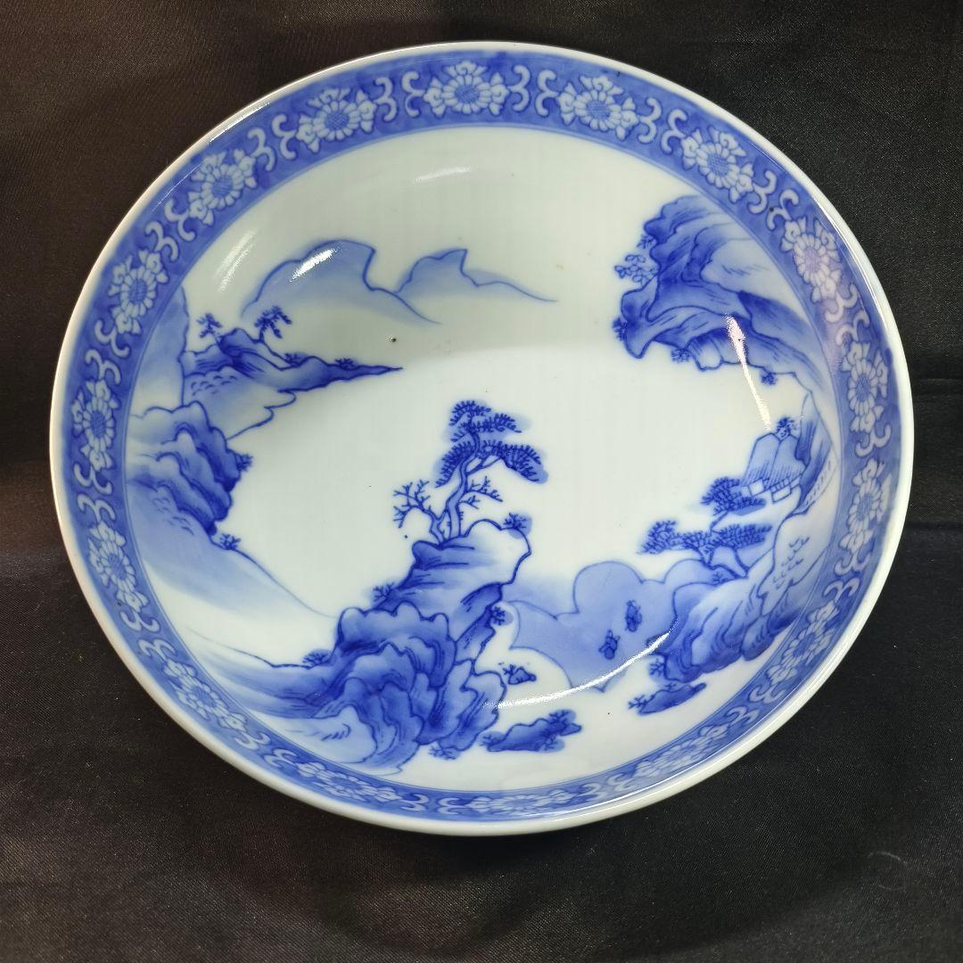 古伊万里 染付三つ鉢 山水風景文 手描き 明治骨董 古美術品 蒐集家放出美品