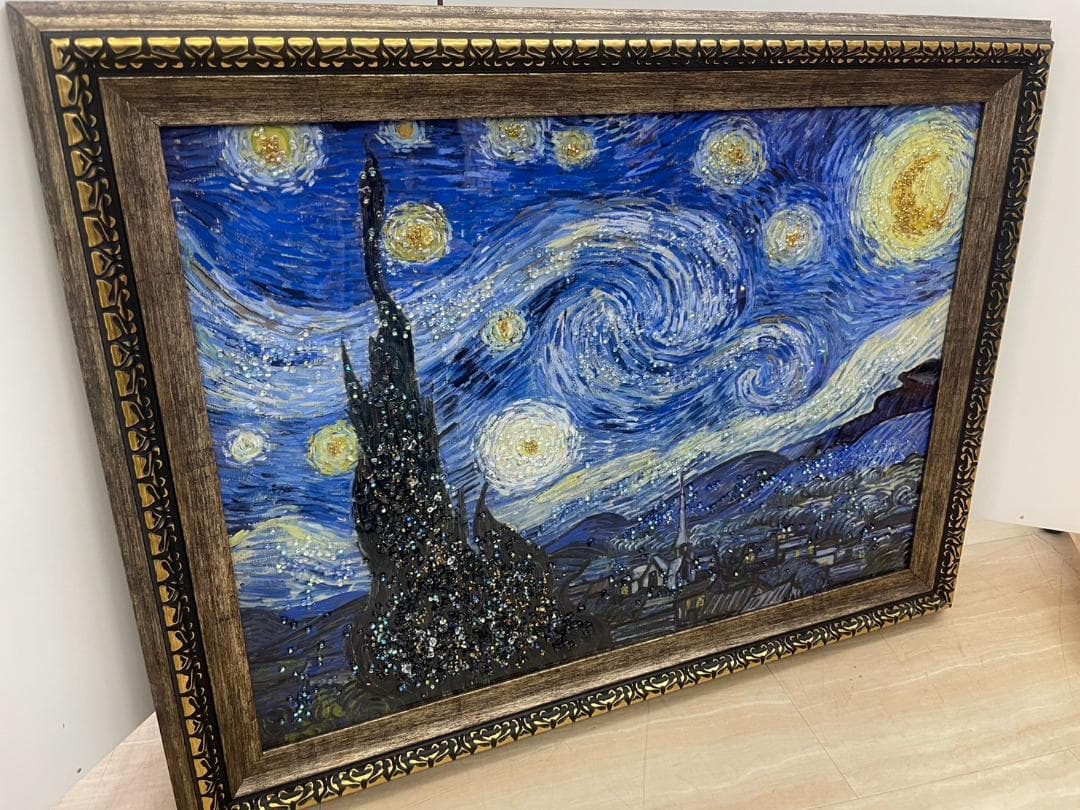 水晶絵　ゴッホ　「星月夜」　アートパネル　クリスタル　立体　絵画　アート　額縁