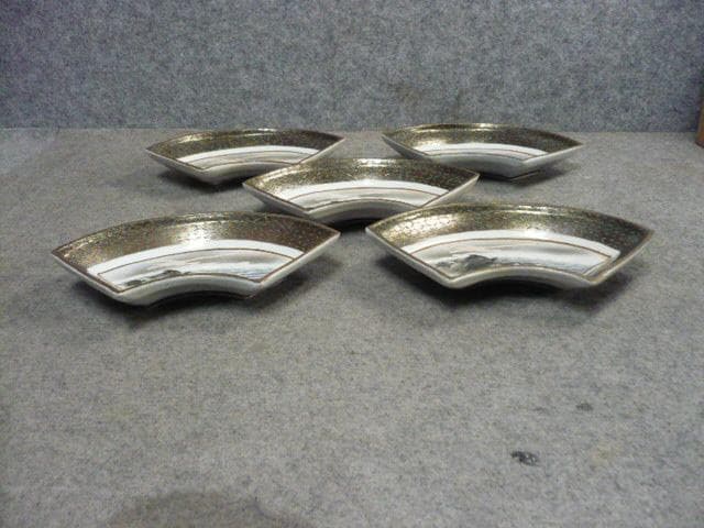 九谷焼色絵鶴亀図扇形刺身皿 5枚 [B31710]