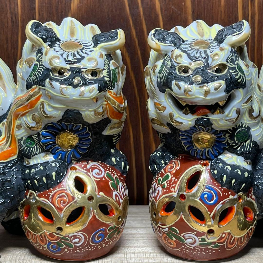 【願いが叶う】【魔除け 守護】【 九谷焼】唐獅子4.5号 黒色 シーサー 狮子