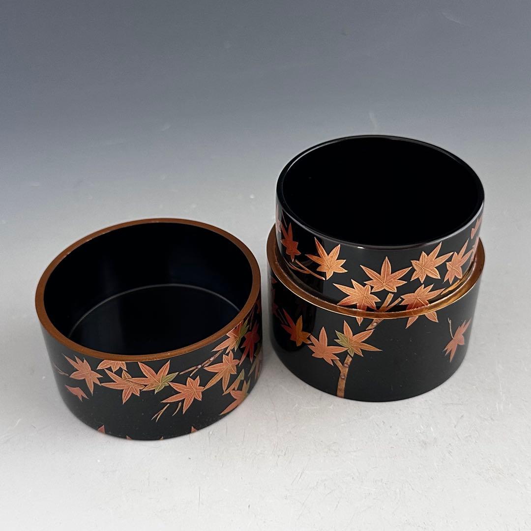 茶道具　紅葉蒔絵　中次　茶器　竹内幸斎　共箱　山中塗　漆器　漆芸　秋　もみじ　棗