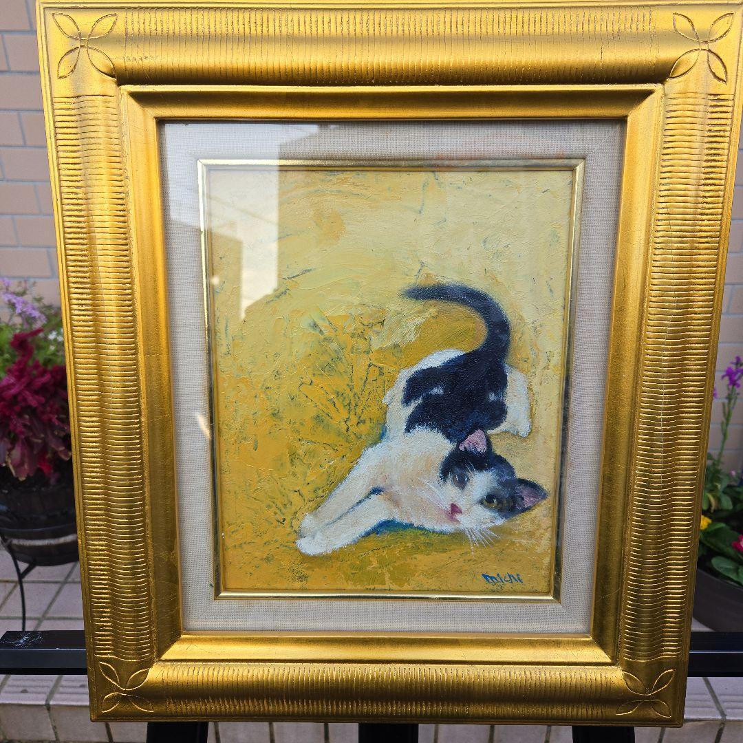 猫の油彩画 　可愛い猫　金色フレーム付き