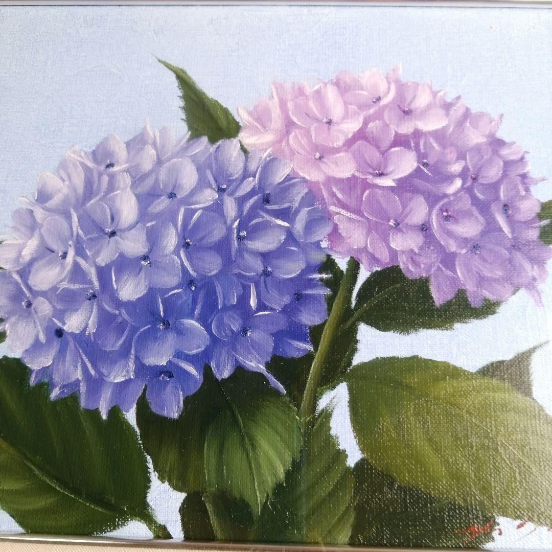 安田英明　「紫陽花」　油彩画 　額装　F4　　あじさい