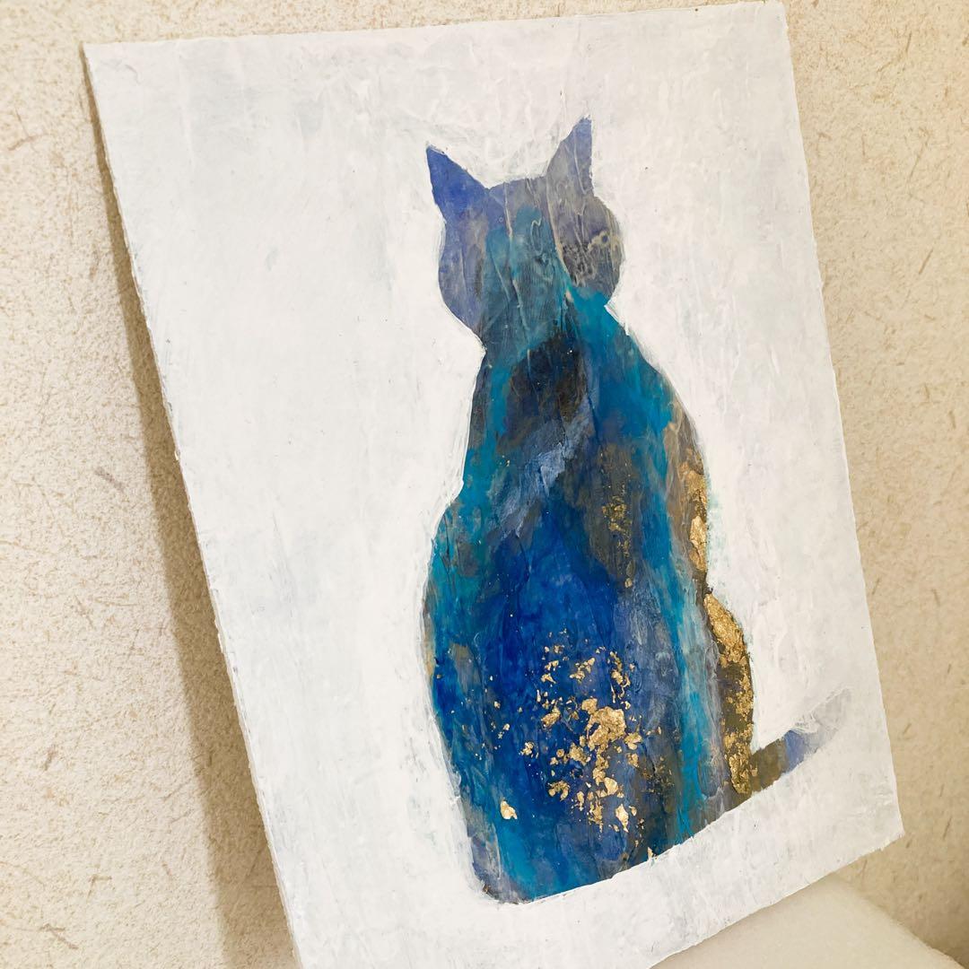 青い猫の絵 原画 テクスチャーアート アクリル画 北欧 ナチュラル アートパネル