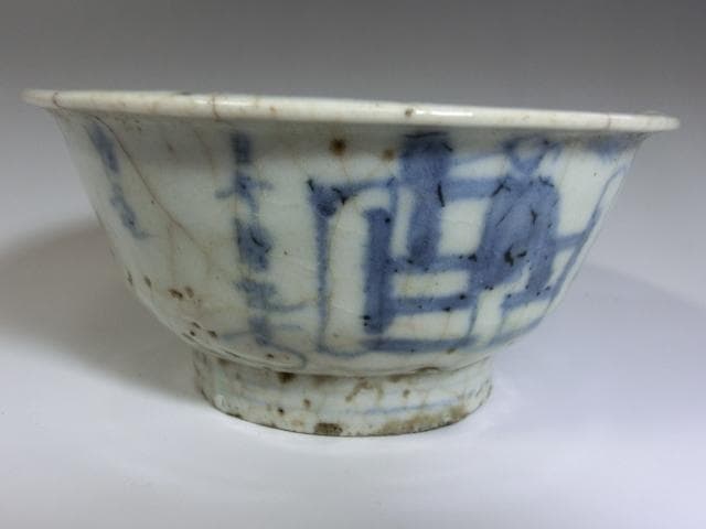 鉢■古い中国染付茶碗 人物絵 青華 経年貫入 茶碗 古碗 古玩 時代物 骨董品■