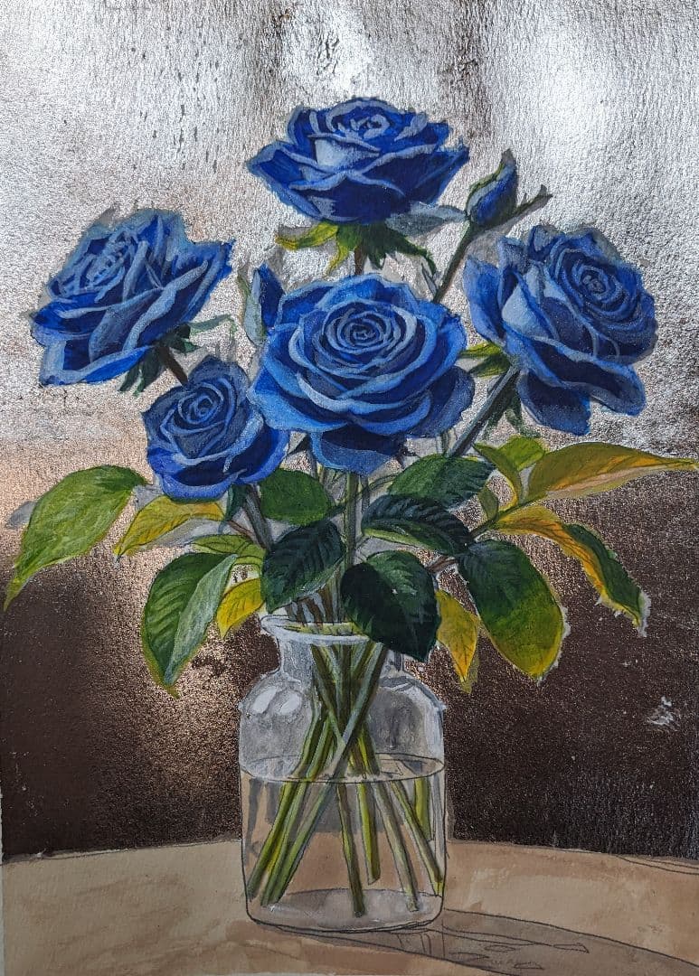 超美品！値下げ交渉あり。最高級プラチナ箔の青薔薇 アクリル画 絵画