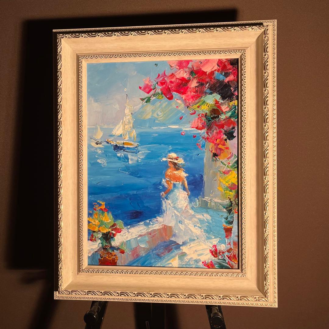 手書き油絵 窓辺の風景 額付 絵画 インテリア 油彩画