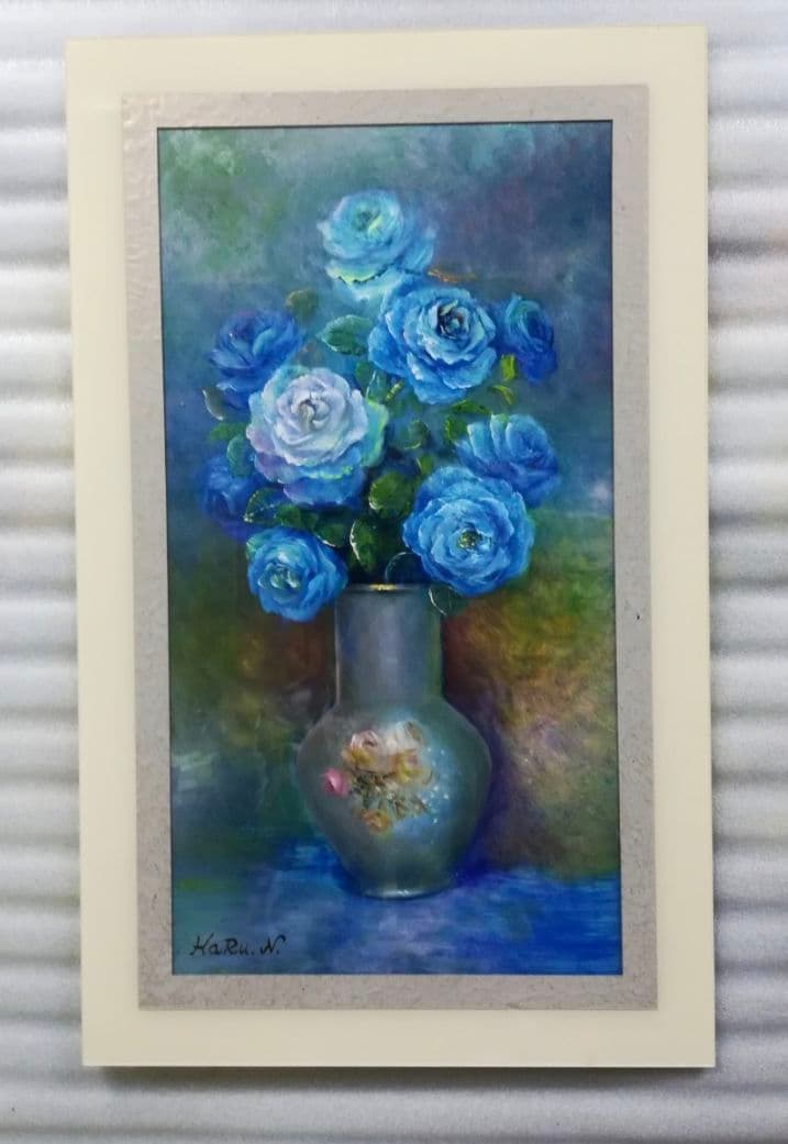 画家 HaRu 花 薔薇 ばら バラ 花瓶 絵画 油絵 アクリル 額縁