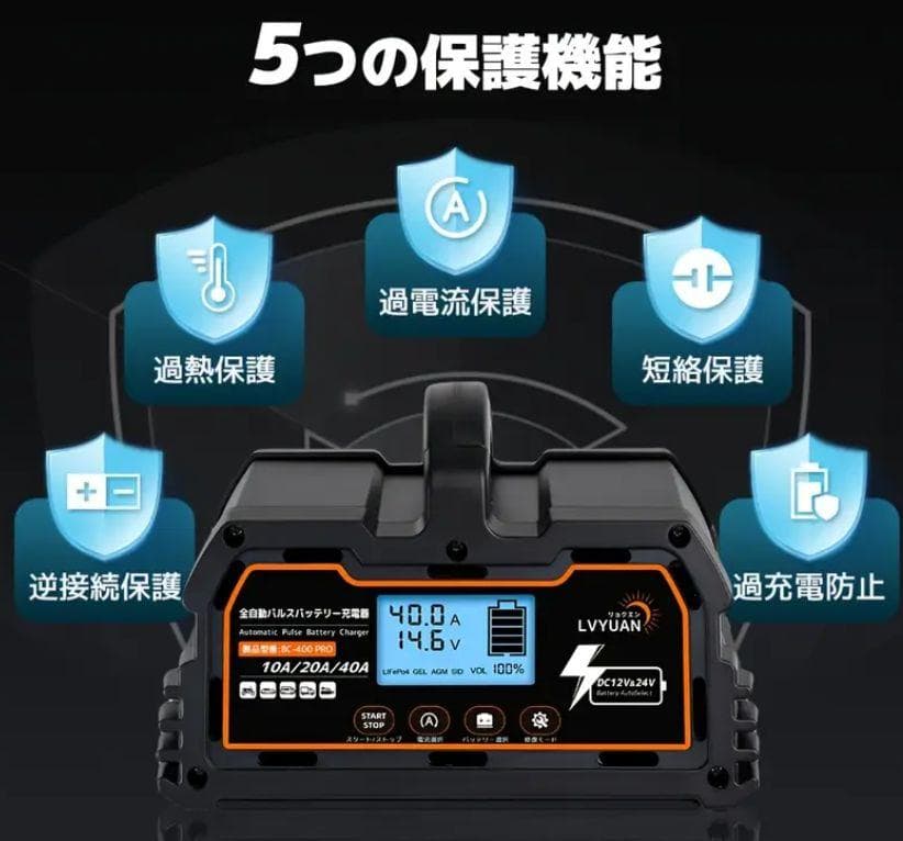 0205バッテリー充電器 40A 12V/24V鉛電池/12V LiFePO4