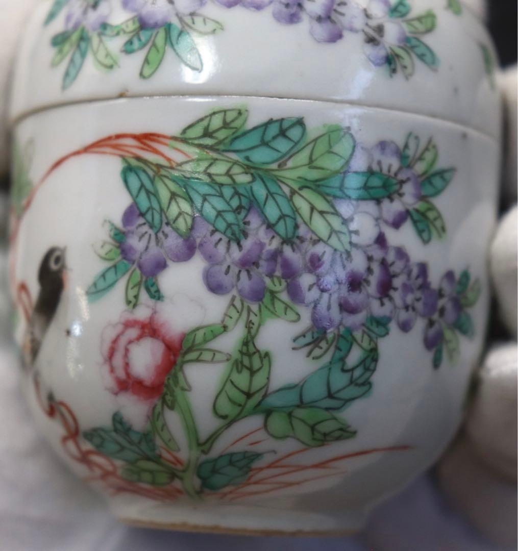 中国　民国期　粉彩花鳥紋茶入　小壺　天津豫盛號出品　送料込み0926