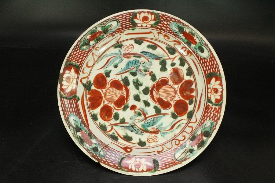 茶道具 唐物 呉須赤絵 鳳花紋 皿 φ25.5cm 中国美術(A928)