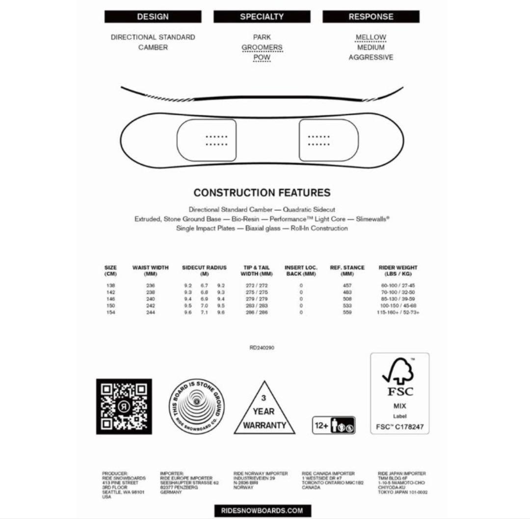 RIDE 19 482 スノーボード 142cm レディース