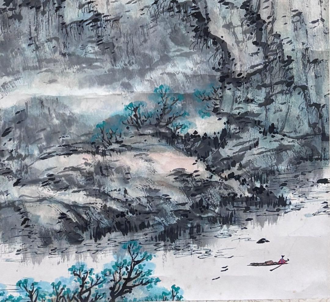 水墨画　掛軸　青山図 謝陽画　中国　絵画　山水　箱付　張大千大風堂　カラー