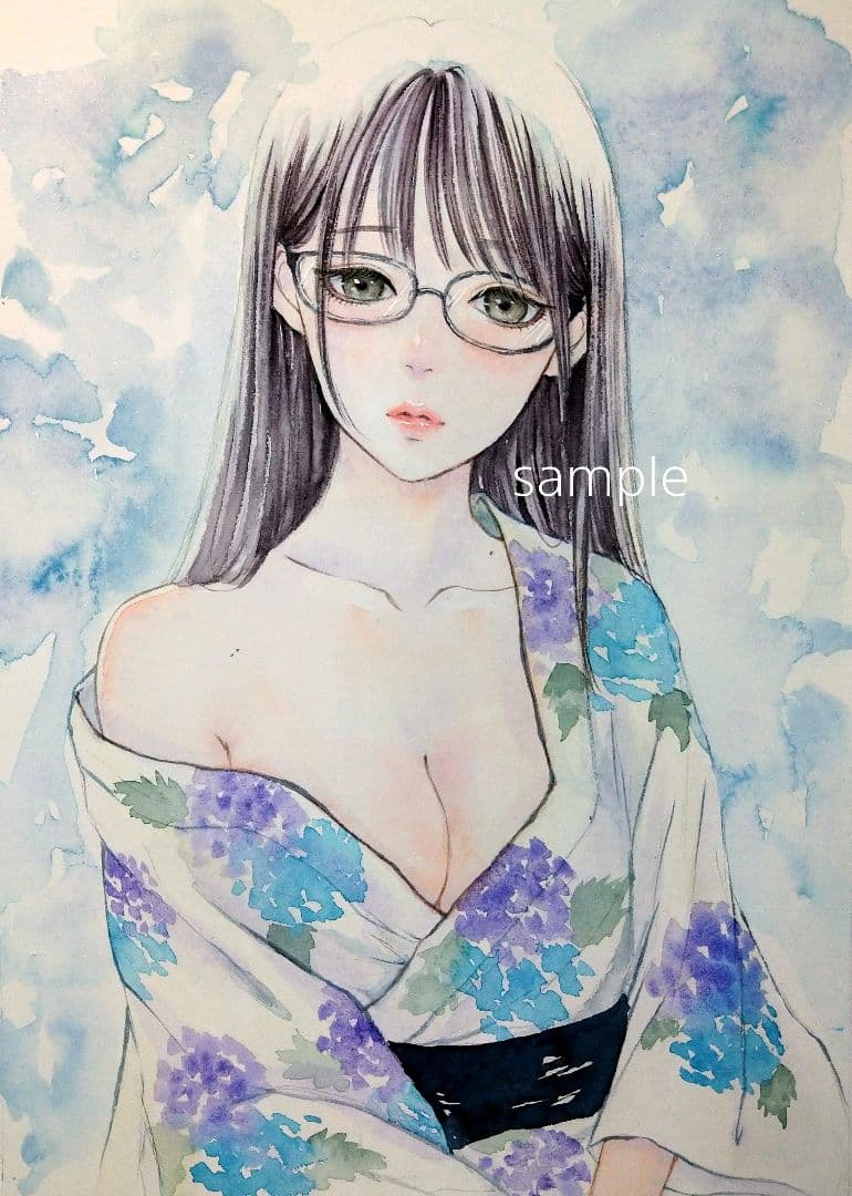 絵画　手描きイラスト　美人画　水彩画　原画　浴衣　眼鏡　紫陽花