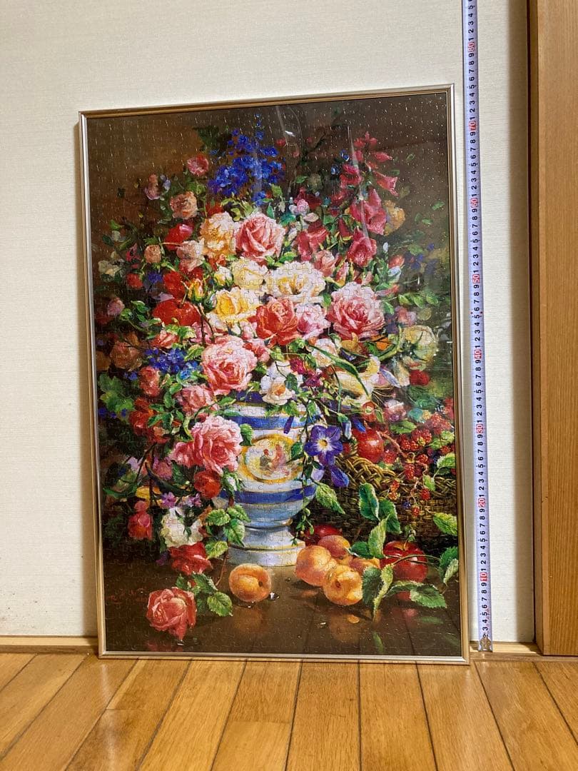 千P④花瓶もれでる花ジグソーパズル　アルミ額50×75㎝完成品　油絵　作名　美品
