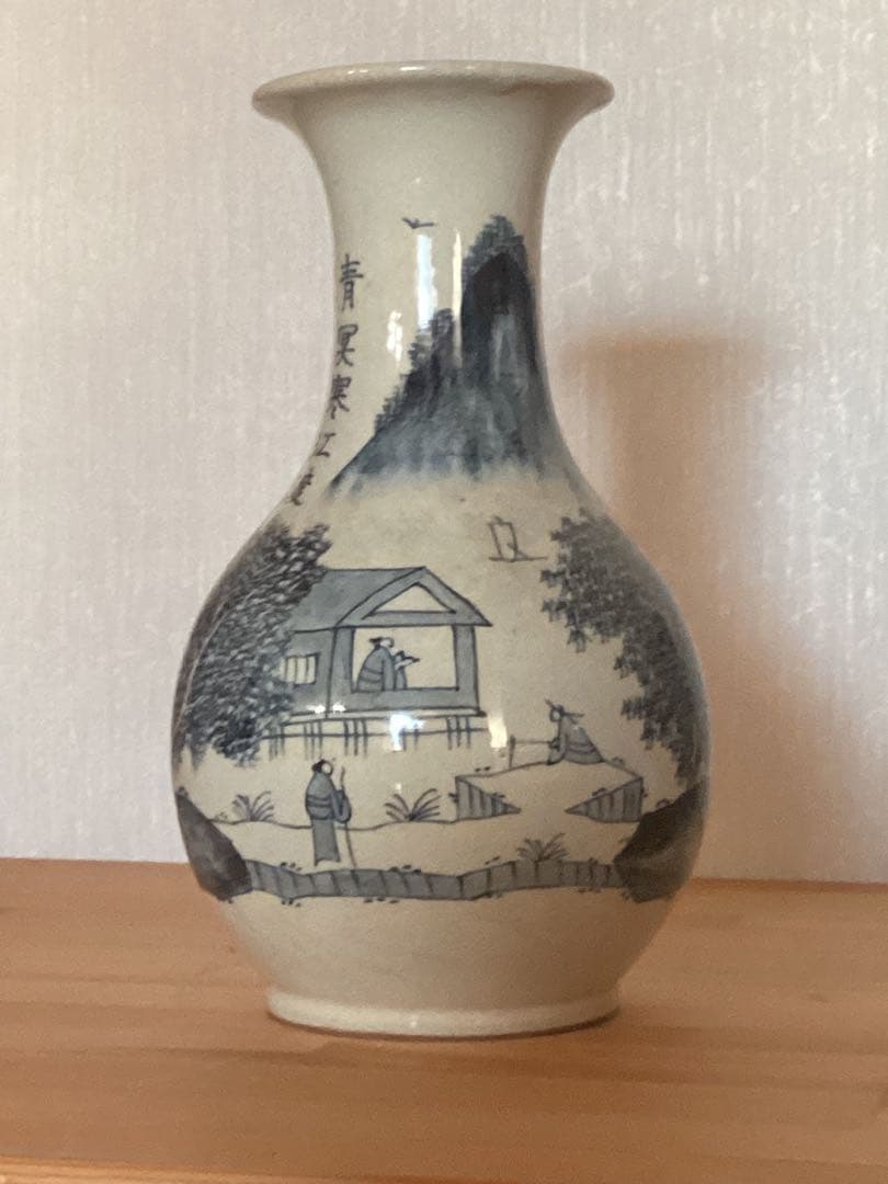 時代物　湖東焼　漢詩染付風景図　花瓶　古陶磁　高さ約20.5cm×幅約15cm