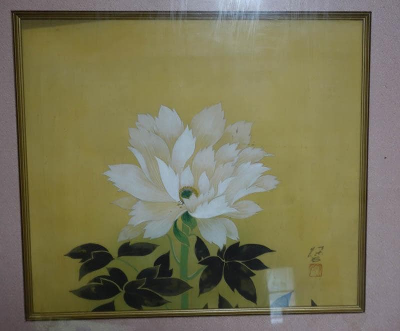 真作　日本画　真作　花　牡丹　額装 額71cm×65ｃｍ 深石　2128