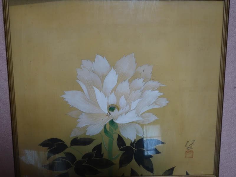 真作　日本画　真作　花　牡丹　額装 額71cm×65ｃｍ 深石　2128