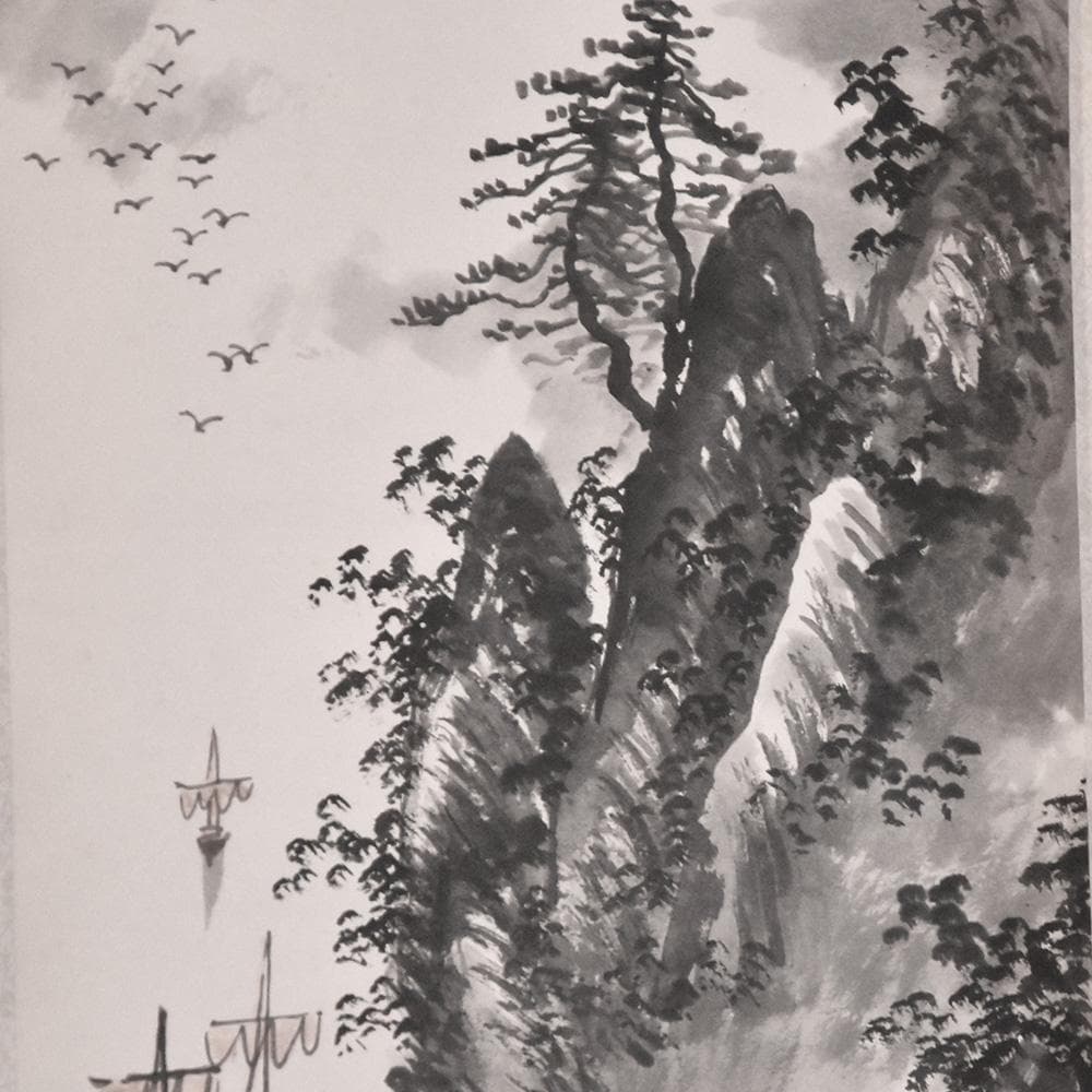 中国美術 桂林山水天下奇 丙寅春首 唐東写 山水画 水墨画 1986年 掛け軸