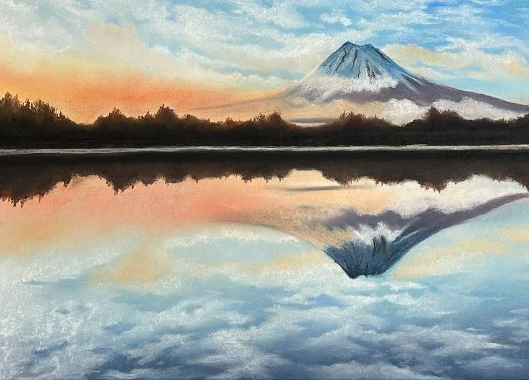 逆さ富士の風景 パステル画 原画