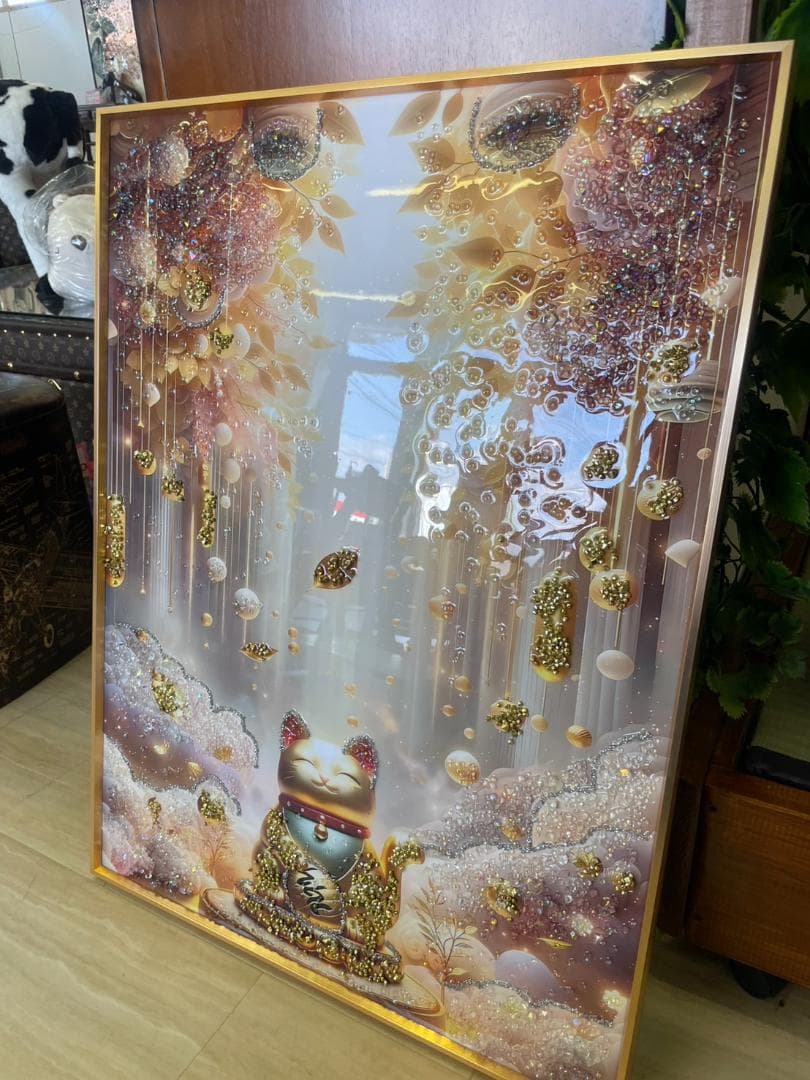 水晶絵　アートパネル　招き猫　金運　運気　運勢　縁起　クリスタル　絵画　アート