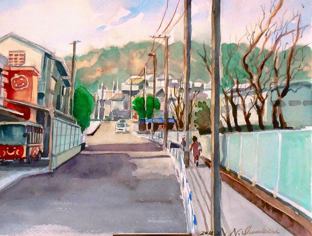 水彩画 街の風景 F6サイズ 額縁付き