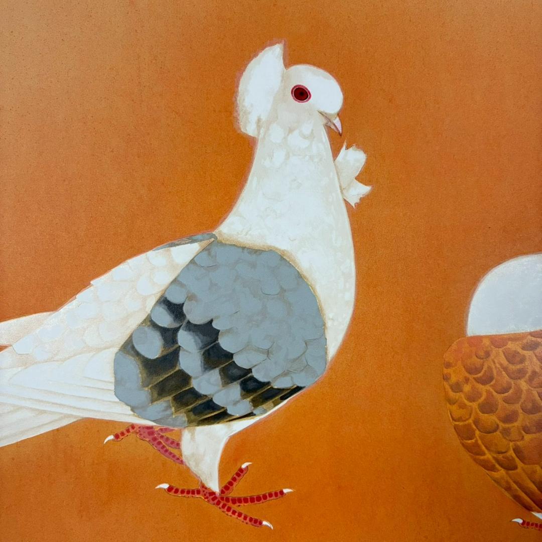 美品 上村松篁「双鳩」リトグラフ 直筆サイン・印章入 花鳥画 上村松園の長男